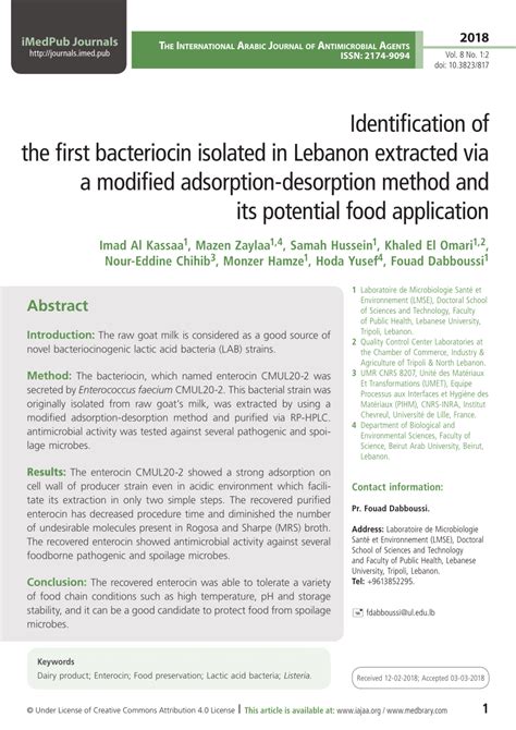 Pdf Identification Of The First Bacteriocin Isolated In Lebanon