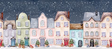 장식된 집이 있는 유럽 거리 원활한 테두리 겨울 크리스마스 새해 밤 배경에 눈 덮인 도시 건물 구시 가지 수채화 엽서 포스터 책의 구성 수채화에 대한 스톡 벡터 아트 및