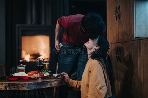 Lovely Couple Together At Home Man Kissing His Wife At Her Forehead