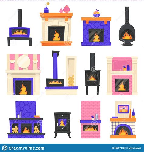 Fireplaces Flat Icons Set Home Interiors Decorations Details Stock Vector Illustration Of