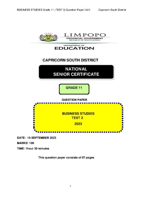 Bstd Gr 11 Test 2 Qp 2023 Business Studies Test Capricorn South