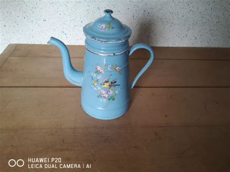 ANCIENNE CAFETIÈRE EN tôle émaillée décor oiseau papillon fleurs en