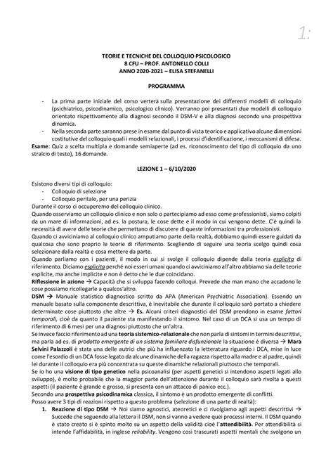 Teorie E Tecniche Del Colloquio Psicologico Docsity