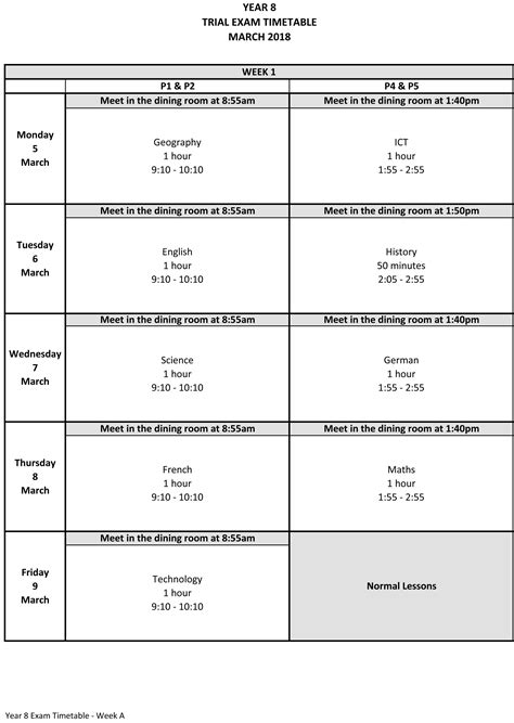 Overview Timetable Year 8 Trial Exams 2018 Workington Academy