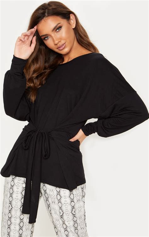 Black Long Sleeve Belted Top Tops Prettylittlething