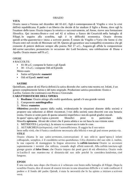 Orazio Vita Satire Ed Epodi Riassunto Docsity