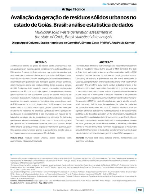 Pdf Avaliação Da Geração De Resíduos Sólidos Urbanos No Estado De