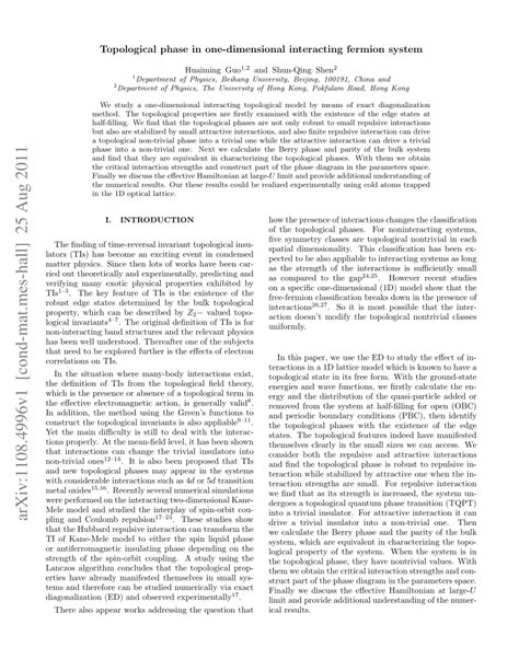 Pdf Topological Phase In One Dimensional Interacting Fermion System