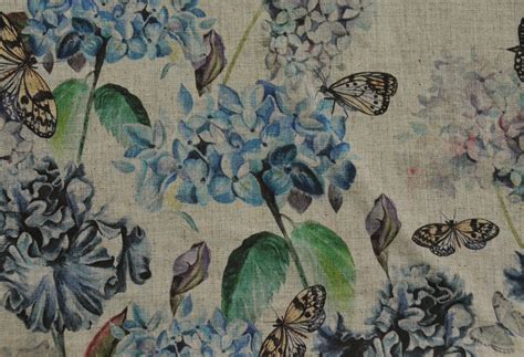 Linen Fabric Butterflies Flowers Beige In Melange Softened Linen For