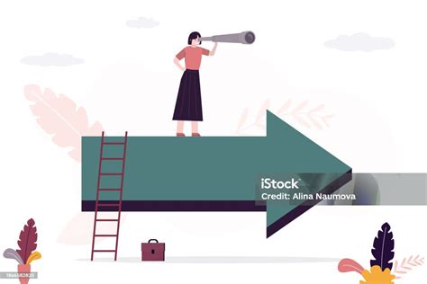 사업가는 화살표 방향으로 망원경을 본다 예측 계획 전략 또는 비즈니스 목표 달성 방법 개발 경로 동기 부여 검색 새로운 기회