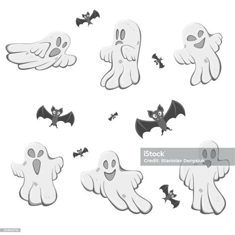 흰색 배경에 고립 된 만화 스타일의 벡터 유령과 박쥐 세트 10월에 대한 스톡 벡터 아트 및 기타 이미지 10월 가을 검은색 Istock