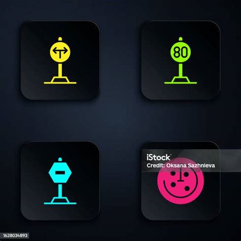 모니터 도로의 갈림길 정지 표지판 및 속도 제한 트래픽에 목표물이 있는 레이더를 설정합니다 검은색 사각형 버튼입니다 벡터 80에 대한 스톡 벡터 아트 및 기타 이미지