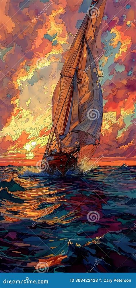 Fiery Sunset Sailing An Adventurer S Portrait Of Ships And Sail Stock