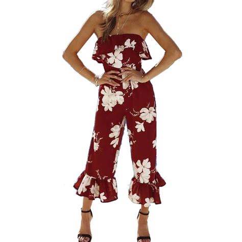 Summer New Chic Strapless Jumpsuit Women Flower Print Backless Sexy Rompers Ladies Slash Neck