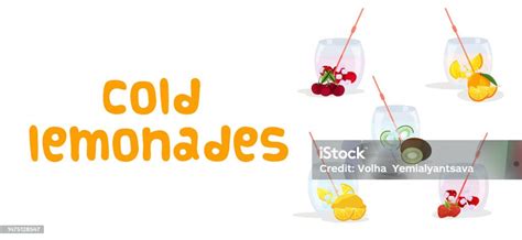 여름 청량 음료 세트 레모네이드 딸기 체리 키위 오렌지 격리된 흰색 배경에 벡터 그림입니다 얼음과 신선한 레모네이드 각얼음에 대한 스톡 벡터 아트 및 기타 이미지 Istock