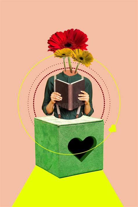 3d Retro Abstract Creative Artwork Template Collage Of Man Flowers Instead Of Head Reading Book