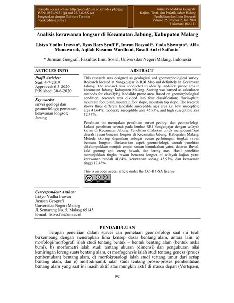 PDF Analisis Potensi Rawan Bencana Tanah Longsor Di Kecamatan Jabung