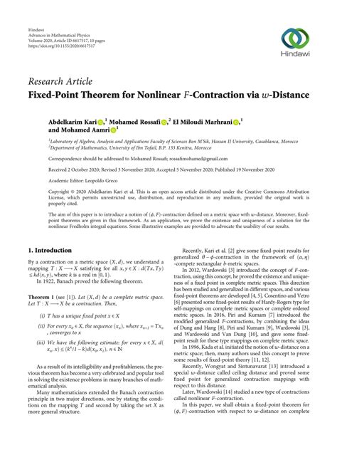 Pdf Fixed Point Theorem For Nonlinear F Contraction Via W Distance
