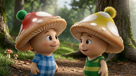 Two Cute Mushroom Characters Interacting In A Sunny Forest Animated