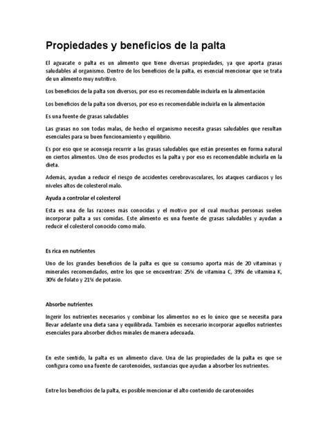 Propiedades Y Beneficios De La Palta Pdf Alimentos Nutrientes