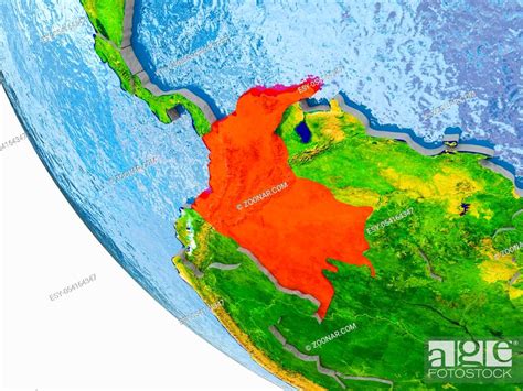 Map Of Colombia In Red On Globe With Real Planet Surface Stock Photo