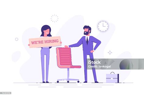 실업가 여자는 새로운 직원을 고용 머리 사냥꾼입니다 사무실에서 빈 장소입니다 평면 벡터 일러스트입니다 채용에 대한 스톡 벡터