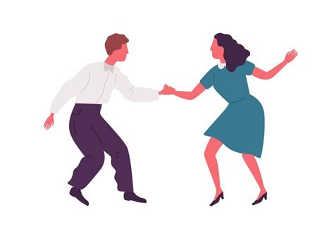 즐거운 남자와 여자 린디 홉 댄스 운동 벡터 평면 그림을 수행합니다 활성 커플 흰색 절연 손을 잡고 함께 춤 댄서들은 디스코