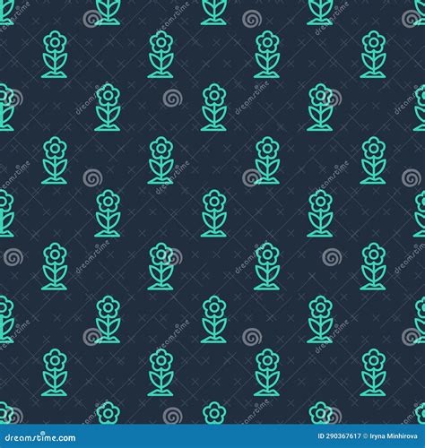Green Line Flower Icon Isolated Seamless Pattern On Blue Background