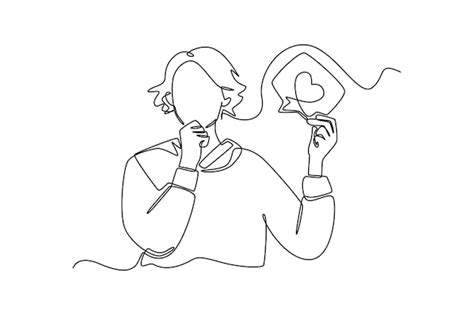 Uma única Linha Desenhando Uma Mulher Feliz Segurando O ícone De Amor