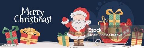 산타 클로스 선물 그리고 썰매와 함께 크리스마스 수평 배너 와 푸른 배경 에서 에서 포스터 배너 초대장 등에 대한 벡터 일러스트레이션 12월에 대한 스톡 벡터 아트 및 기타