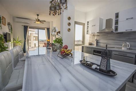 Interior Design Of Luxury Apartment Living Room With Kitchen Stock