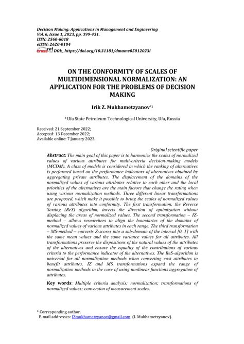 Pdf On The Conformity Of Scales Of Multidimensional Normalization An Application For The