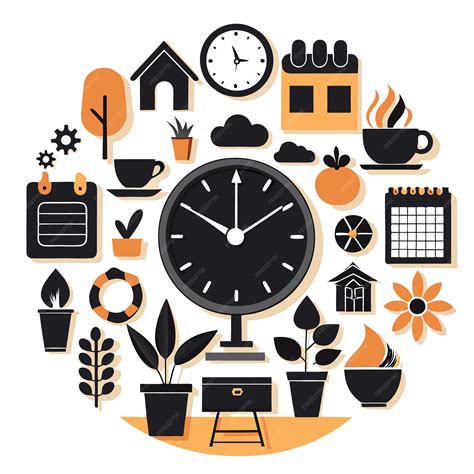 A Black And White Clock Surrounded By Various Icons Representing Daily