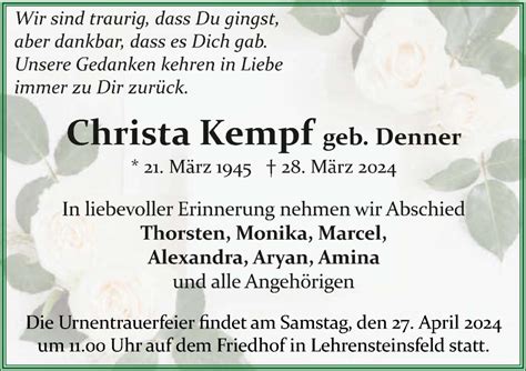 Traueranzeigen Von Christa Kempf Trauerundgedenkende