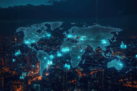 Digital World Map With Global Connections Illuminated Over A Cityscape Showcasing Network