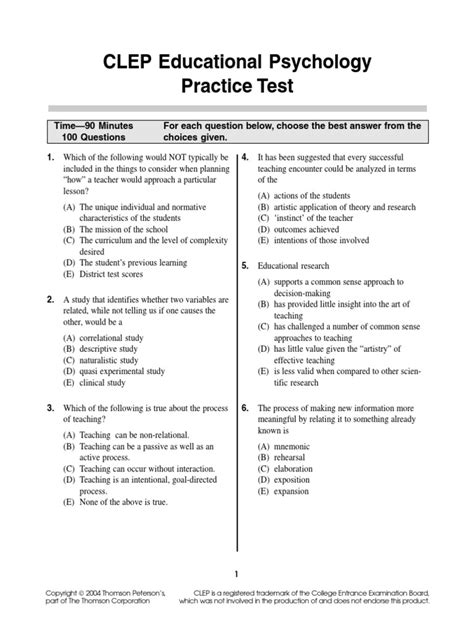 Clep Educational Psychology Questions Pdf Reinforcement Memory