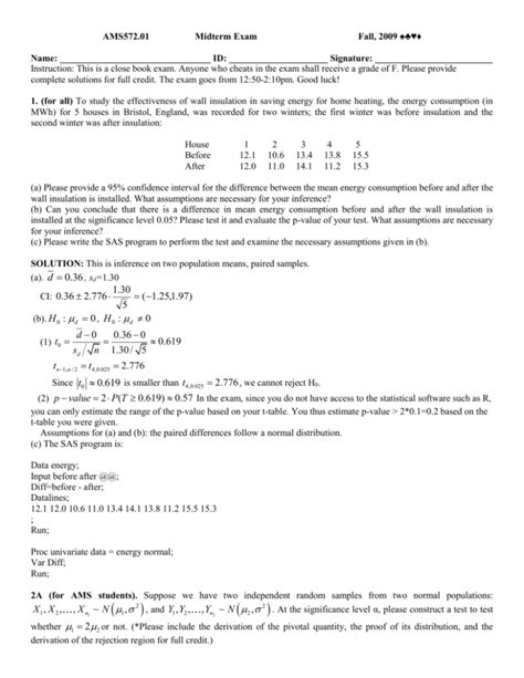 AMS572 01 Midterm Exam Fall 2009