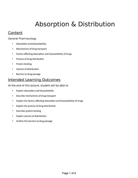 Chapter 1 Absorption Distribution Absorption And Distribution Content