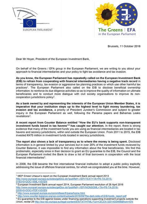 Letter To The Eib On Financial Intermediaries And Tax Havens Sven Giegold