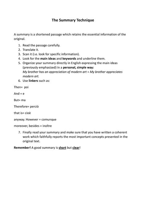 The Summary Technique Relation The Summary Technique A Summary Is A