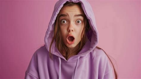 Premium Photo A Surprised Teenage Girl Clad In A Lilac Hoodie
