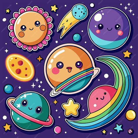 Cute Planets And Stars In A Purple Space Premium Ai Generated Vector