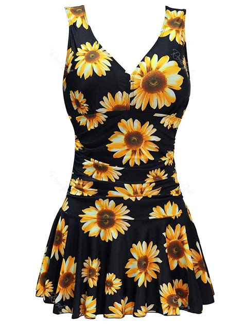 29 Off Plus Size Random Sunflower Ruched Skirted One Piece Swimsuit
