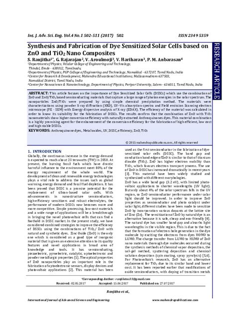 Pdf Synthesis And Fabrication Of Dye Sensitized Solar Cells Based On Zno And Tio2 Nano Composites