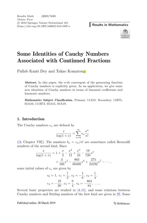 Pdf Some Identities Of Cauchy Numbers Associated With Continued Fractions