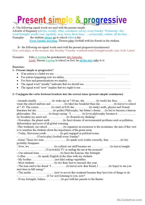 Present Simple And Continuous Español Ele Hojas De Trabajo Pdf And Doc