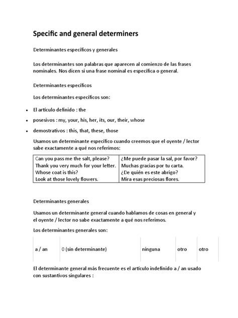 Determiners Specific General And Their Usage Pdf Gramática Unidades Semánticas