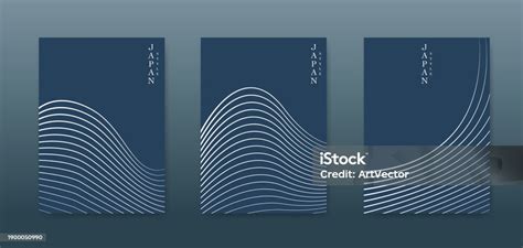일본 풍경 배경 세트 카드 화이트 라인 웨이브 패턴 벡터 일러스트 레이 션 블루 럭셔리 추상 템플릿 기하학적 물결 모양 텍스처입니다 동양 스타일의 산 레이아웃 디자인 수직