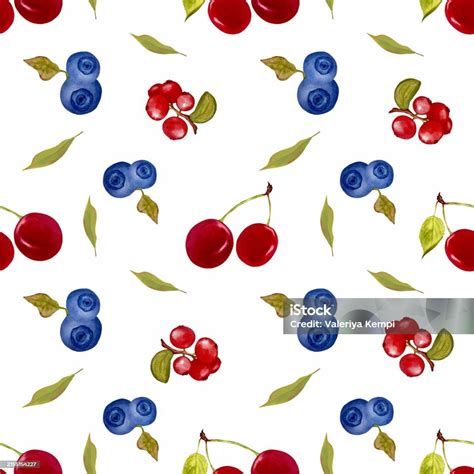 여름 체리와 블루 베리 원활한 패턴입니다 손으로 그린 수채화 그림 컬러 배경에 고해상도 패턴입니다 0명에 대한 스톡 벡터 아트 및 기타 이미지 Istock