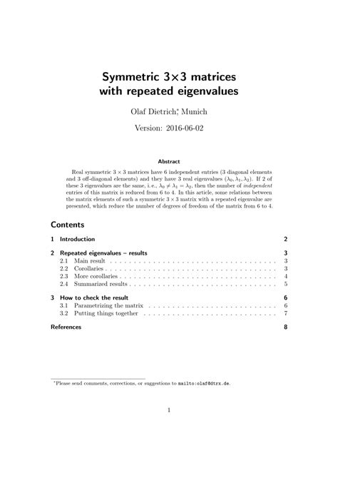 Pdf Symmetric 3×3 Matrices With Repeated Eigenvalues